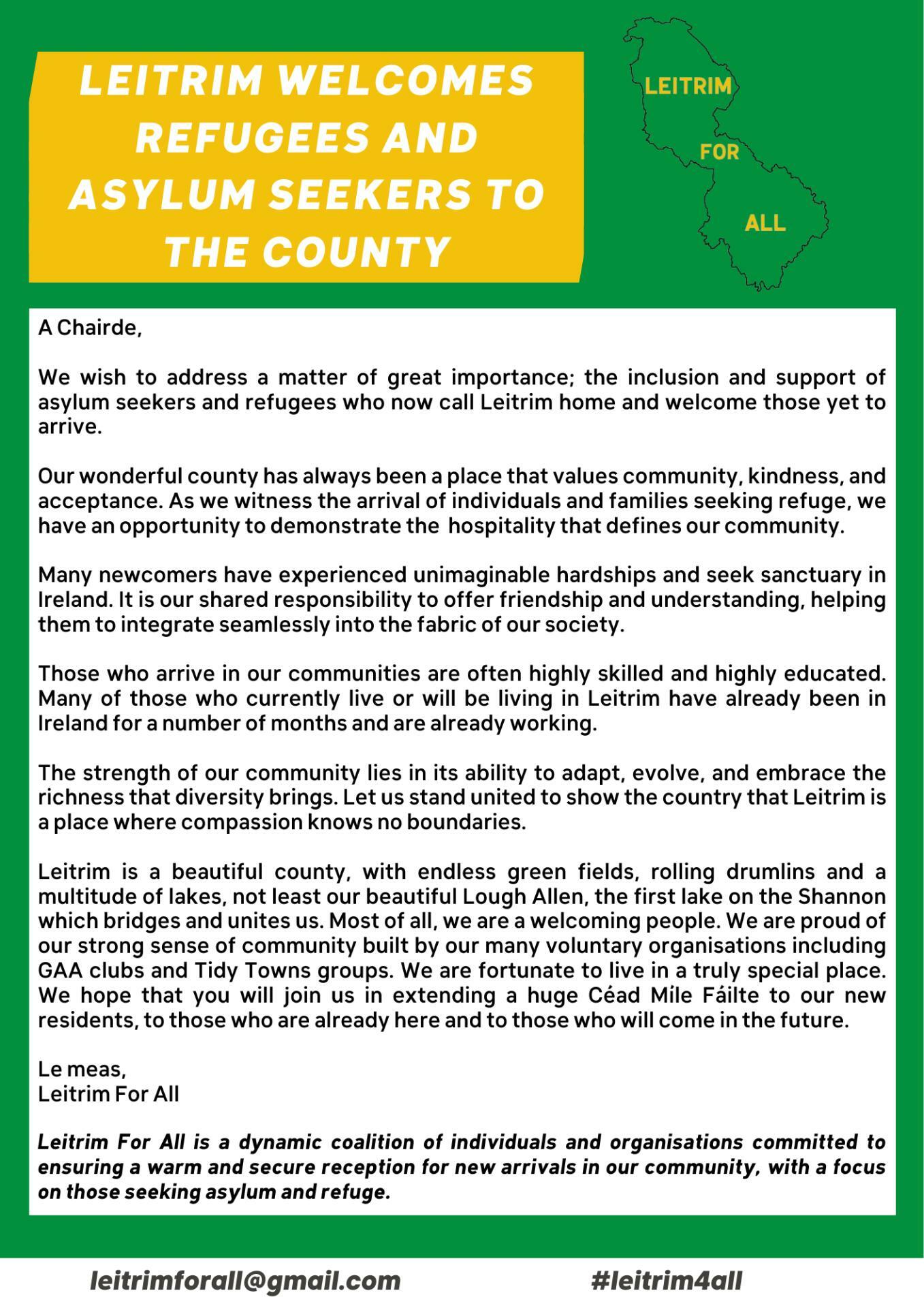 Leitrim For All encourages people to sign its open letter welcoming ...